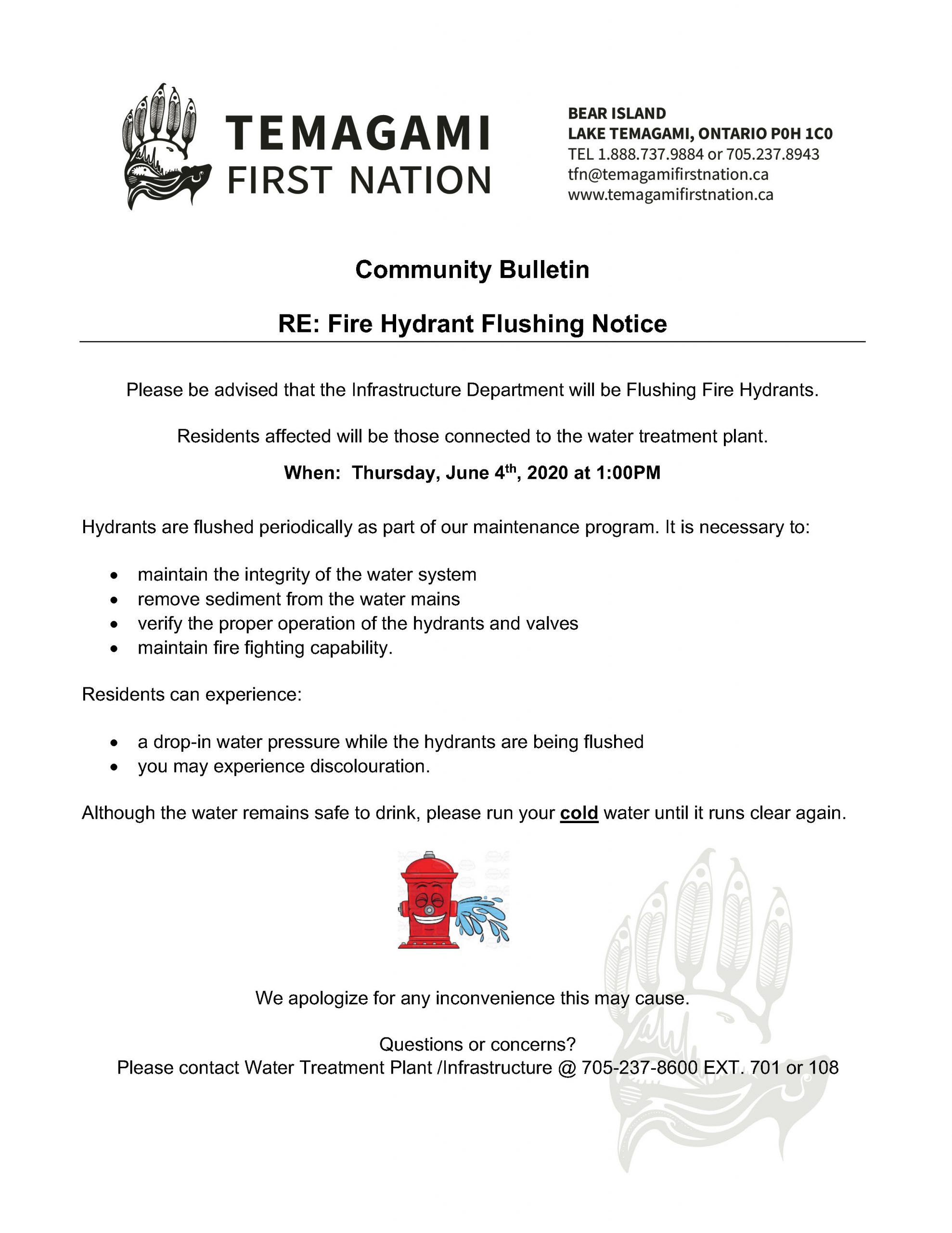 Fire Hydrant Flushing Notice – June 4, 2020