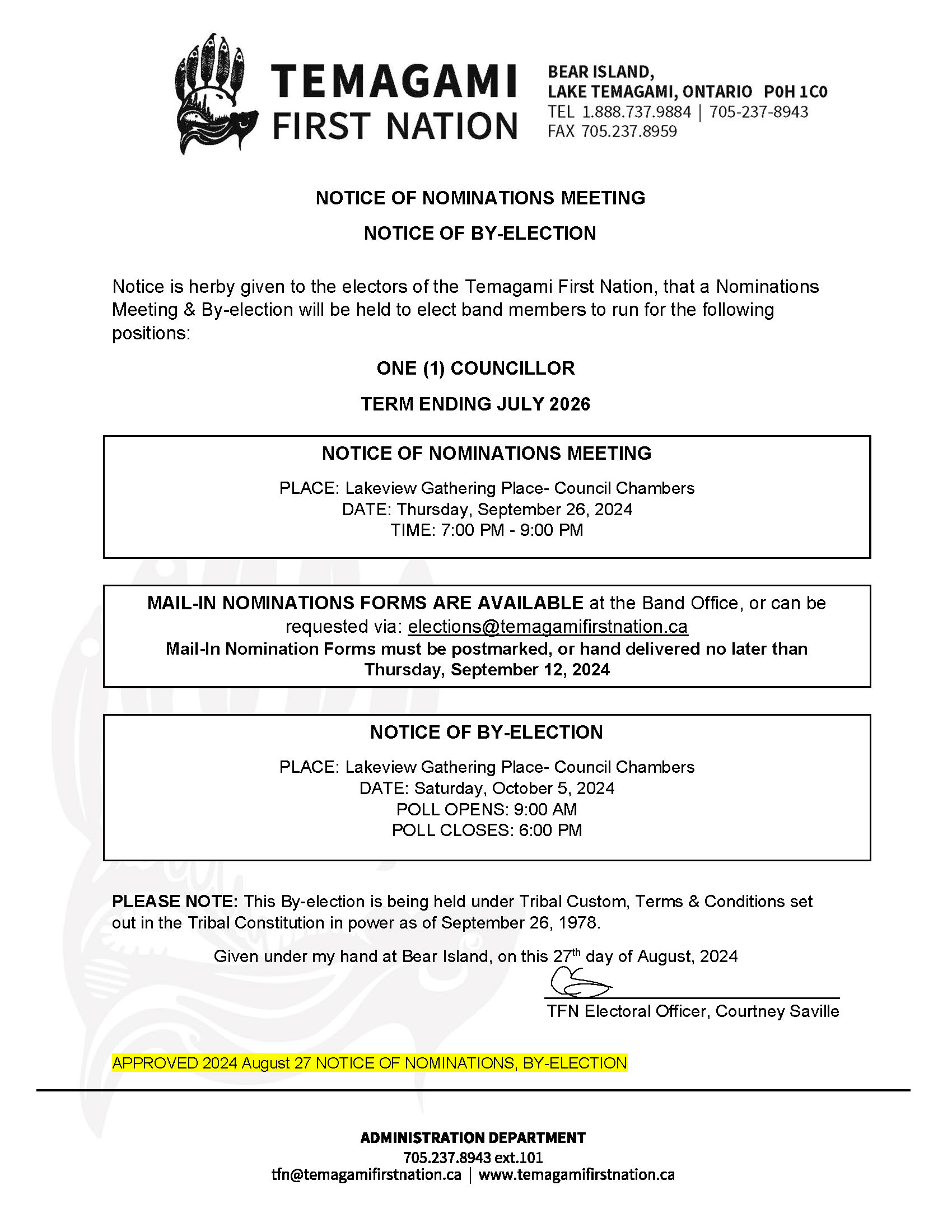 NOTICE OF NOMINATIONS MEETING & NOTICE OF BY-ELECTION