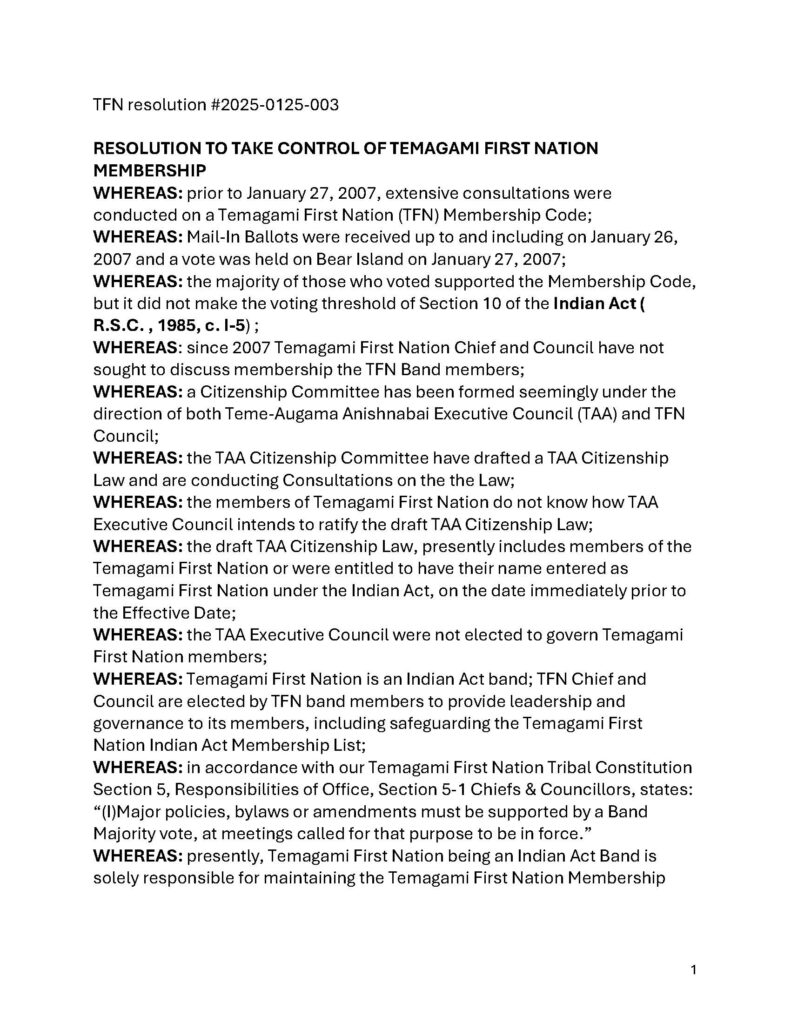TFN Resolution to take control of Temagami First Nation Membership