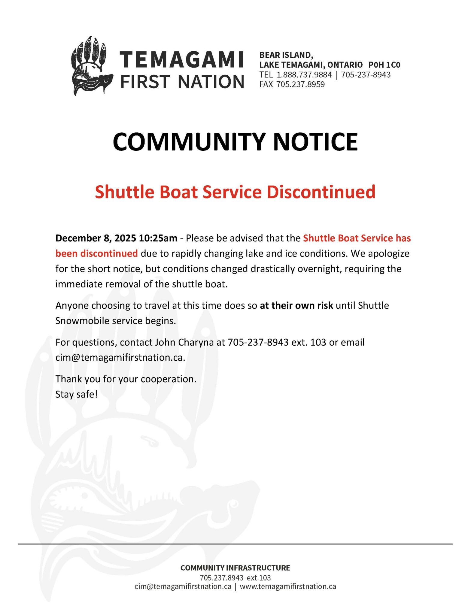 Shuttle Boat Service Discontinued – December 8, 2025